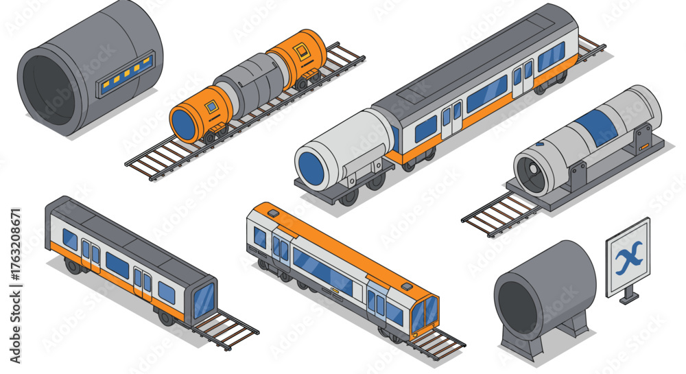 Isometric urban tube transport system components and train ...