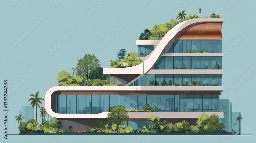 Stylized building merges organic shapes, with green roof, trees, and ...