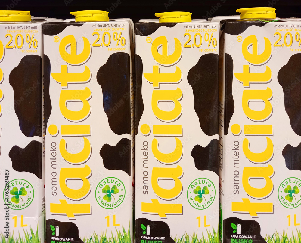 Poznan, Poland - 1 October 2025: Stacked cartons of boxed Laciate milk ...