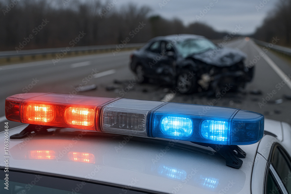 ภาพถ่าย Stock Police car with flashing lights at the scene of a car ...