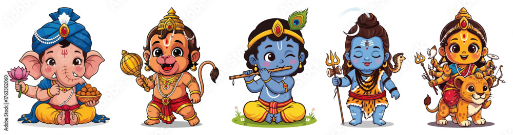 Set of cute baby Hindu Gods Chibi Ganesha Hanuman Krishna Shiva and ...