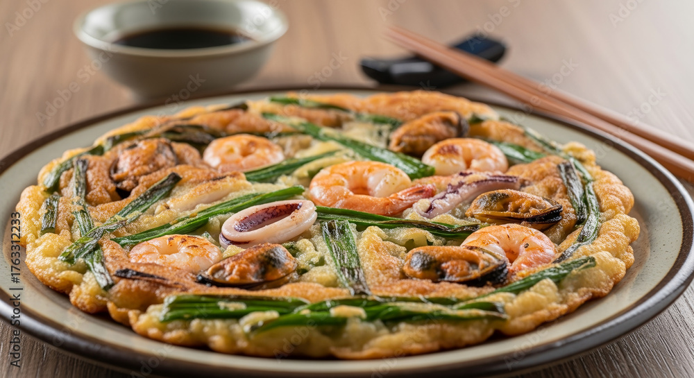 Crispy Korean savory pancake, Haemul Pajeon, filled with scallions ...