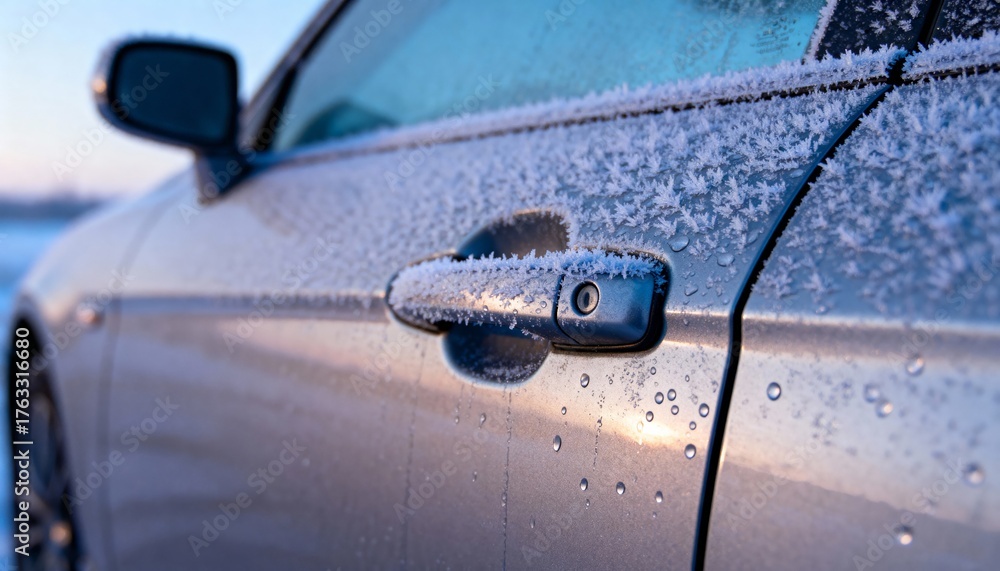 Car door frozen shut on quiet winter morning with soft blue light and ...
