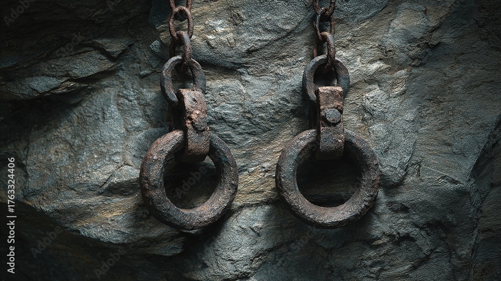 shackles. Ancient iron shackles locked on a stone wall with a hanging ...