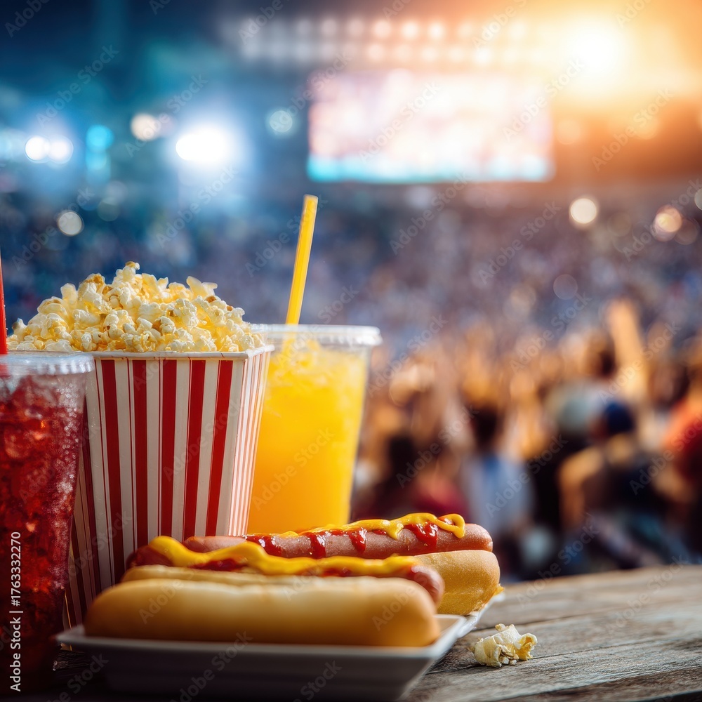 Stadium Food Feast Close-up with Hot Dogs Popcorn and Drinks at ...