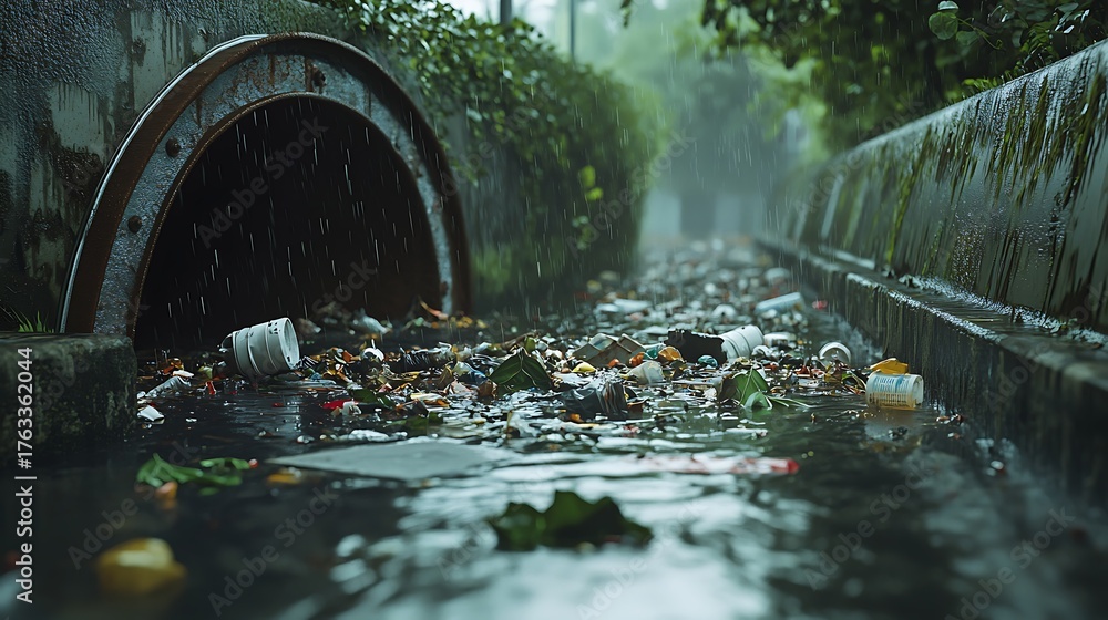 An overflowing storm drain filled with garbage after heavy rainfall ...
