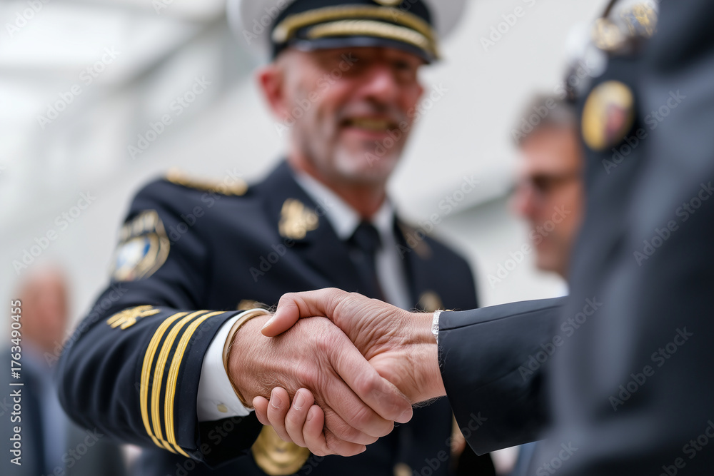 European officer shaking hands with new recruit, official ceremony ...