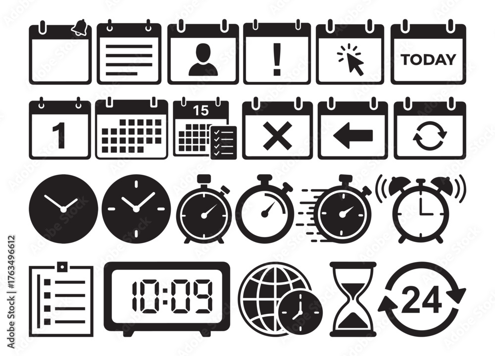 Silhouette icon set showing calendar, schedule, reminder, alarm ...