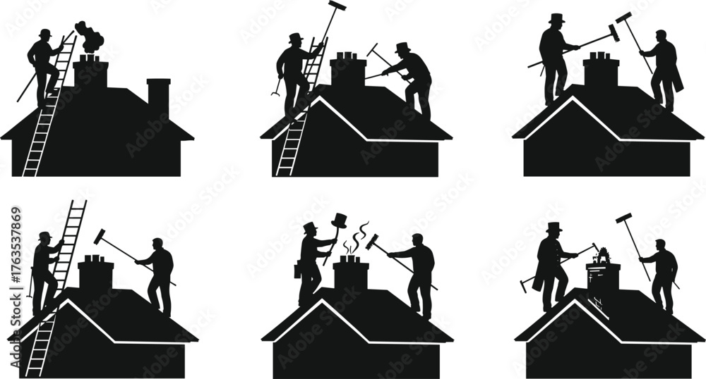 Silhouette vector illustration of chimney sweeps cleaning rooftops with ...