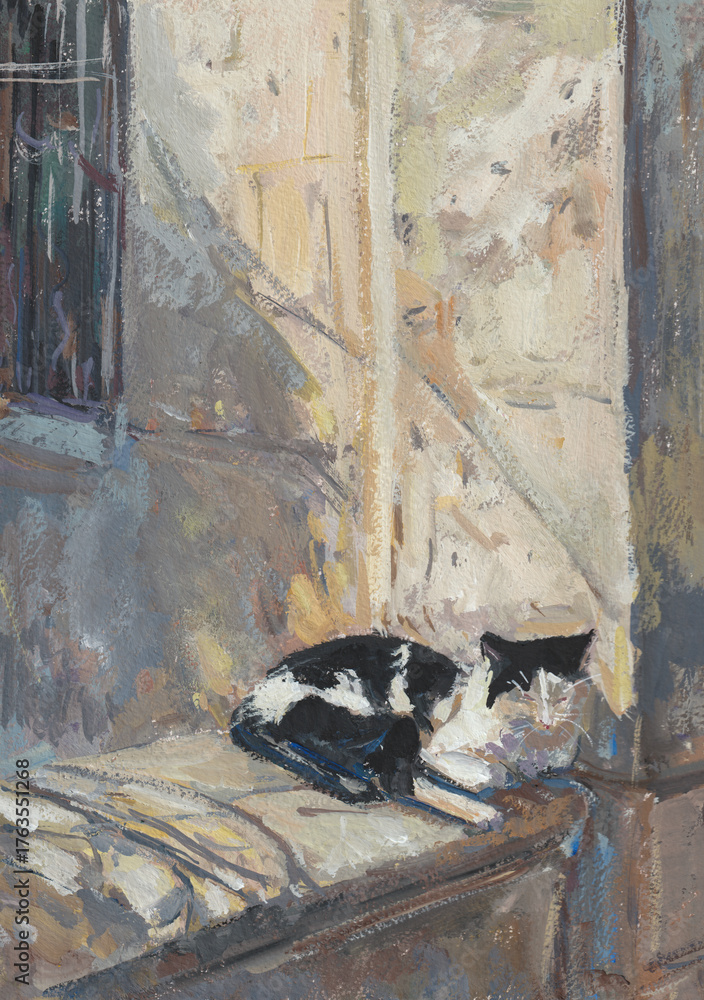 Black and white cat gouache painting. A sleeping cat lies on a window ...