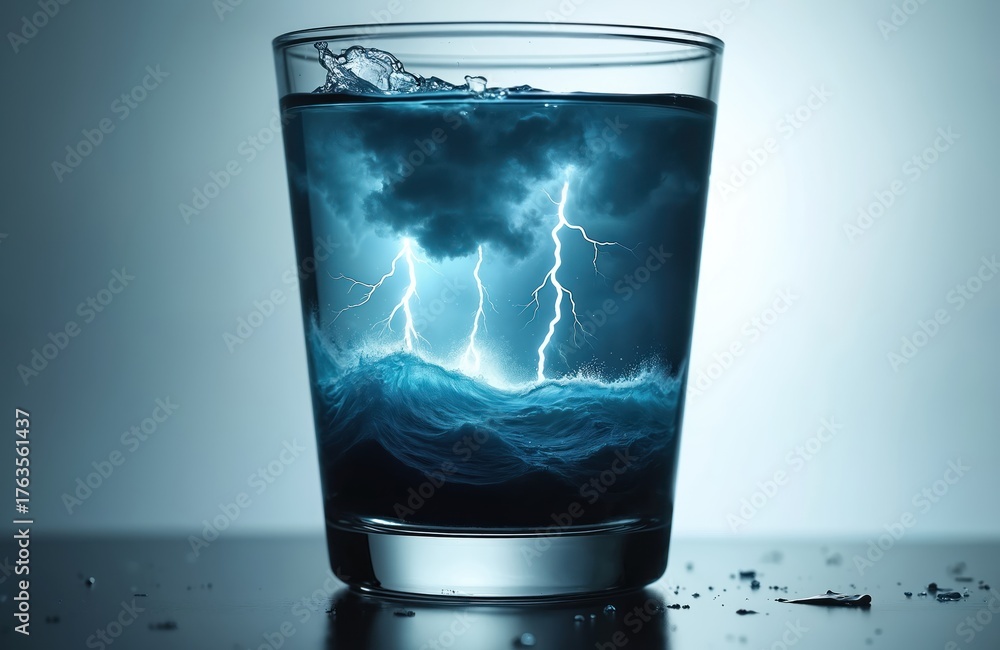 Glass of water holds miniature storm. Dark clouds, bright lightning ...