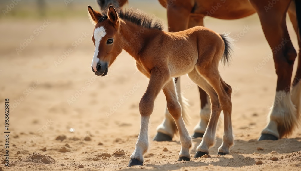 Young dun mustang foal takes first steps. Cute newborn walks near ...