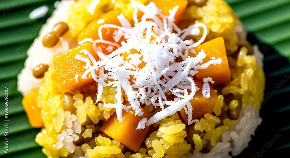 Vietnam Pumpkin Sticky Rice (Xoi Bi Do), with mung bean and coconut ...