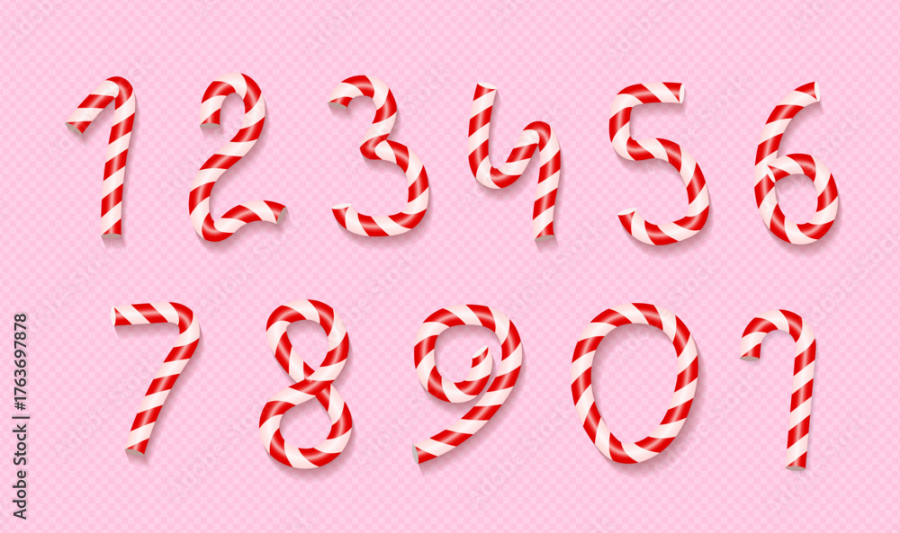 3d Candy Cane Numbers set. Red and white stripes. Isolated vector ...