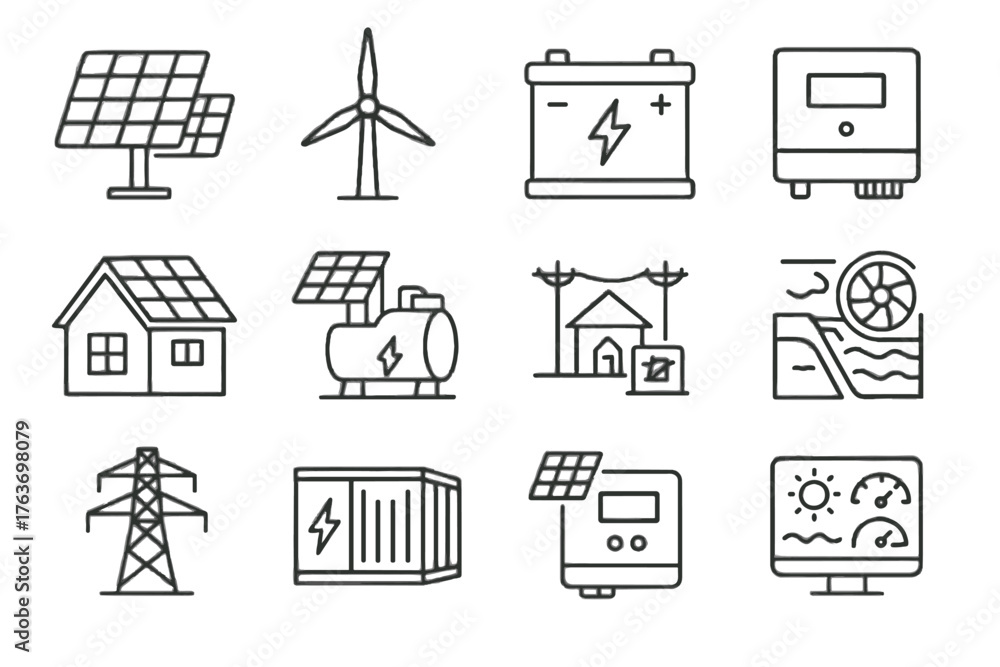 Microgrid icon vector turbine wind water battery renewable storage ...