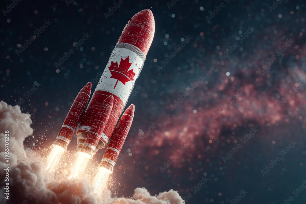 Canadian flag rocket blasting off into space, representing national ...