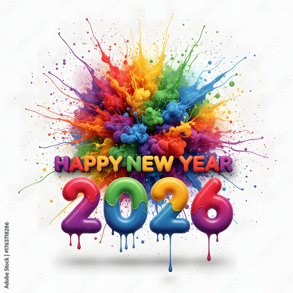 Explosion of vibrant colors celebrate happy new year 2026 with dripping ...