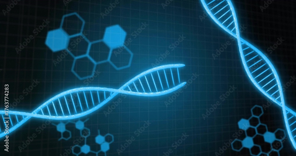 Displaying glowing blue DNA helix strands on virtual science grid, with ...