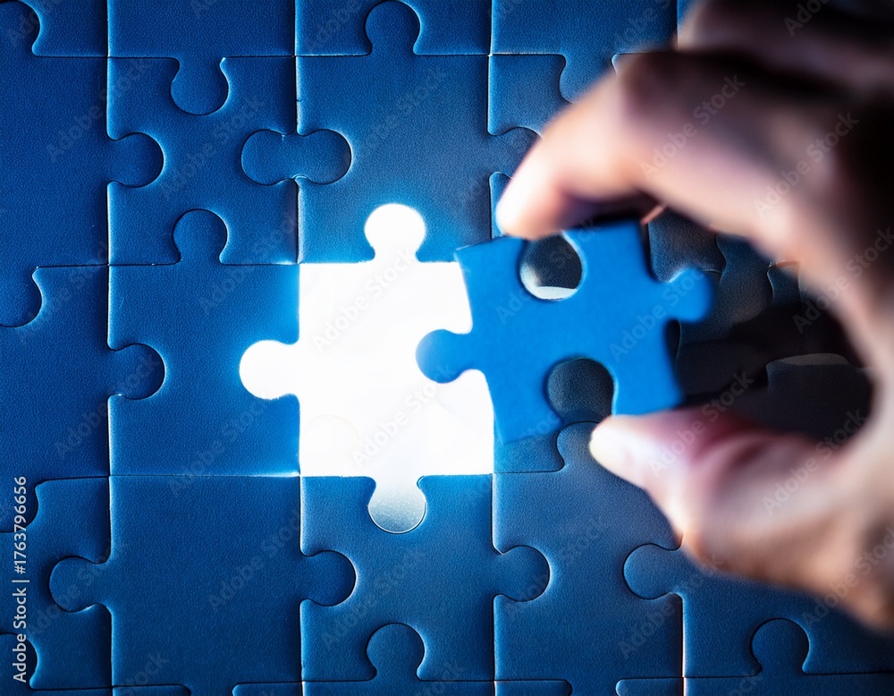 completing blue jigsaw puzzles with the last piece on light leaked hole ...