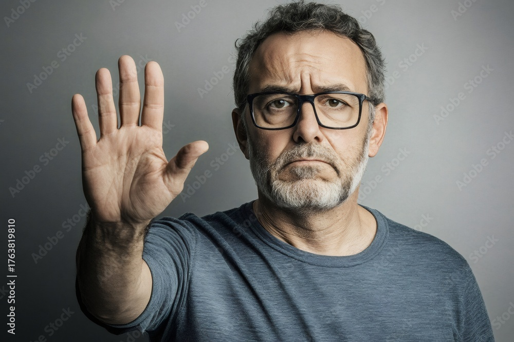 Mature man with a furrowed brow and glasses, raising an open hand ...