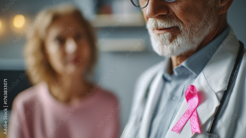 Intimate image of a doctor and patient displaying a breast cancer ...