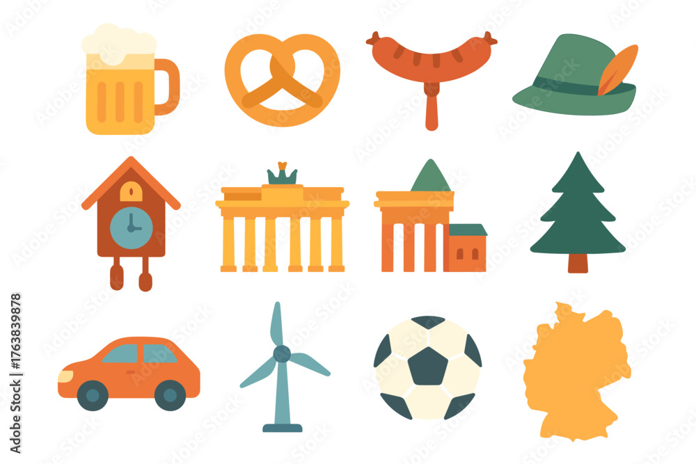 German cultural icons set: traditional bier, pretzel, bratwurst ...