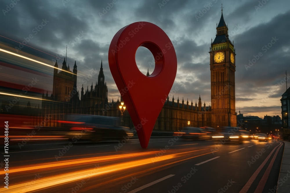 Stock-Foto „Big Ben Landmark and GPS Icon: The iconic Big Ben clock ...