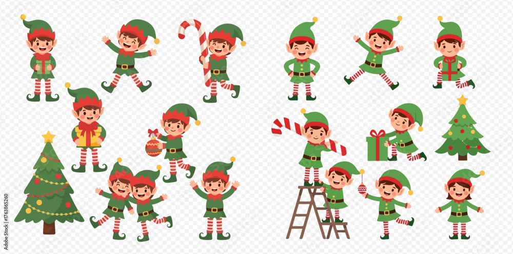 Festive Christmas elf cartoon characters in various poses and ...
