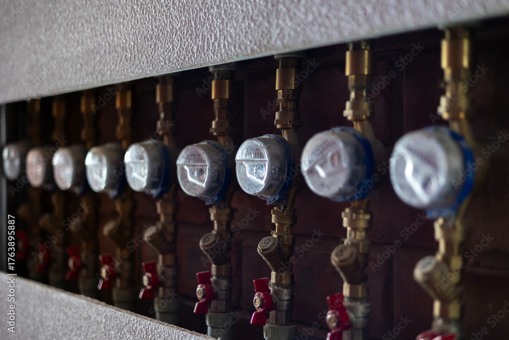 A row of residential water meters with red shut-off valves is installed ...