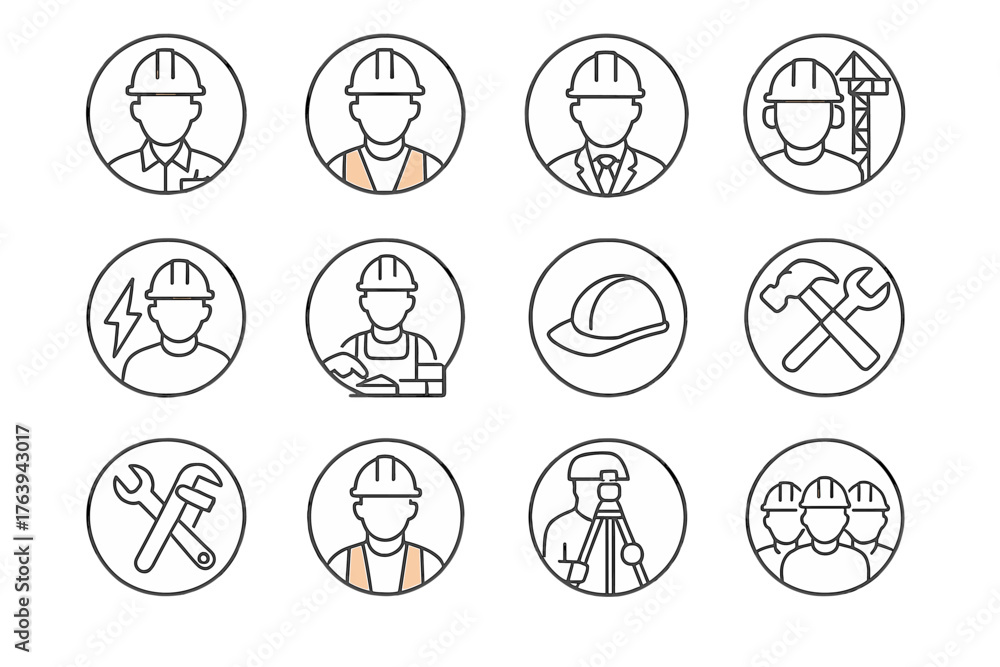 Construction Roles Icons. Line style round icons of construction ...