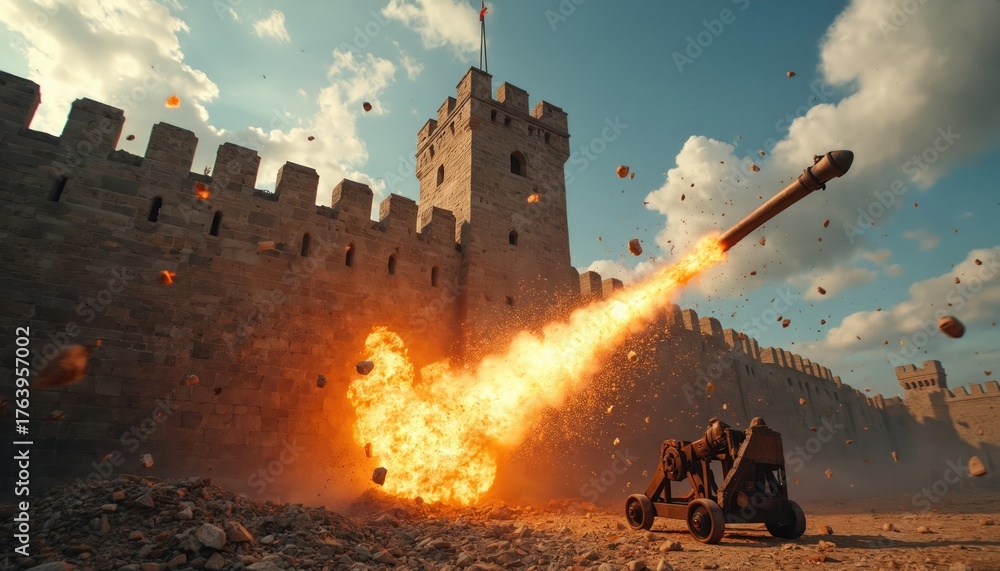 Medieval scene with catapult launching projectile. Explosion destroys ...