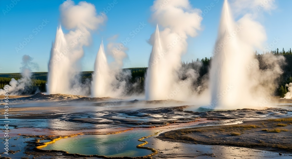 Yellowstone geothermal basin with multiple geysers erupting, dramatic ...