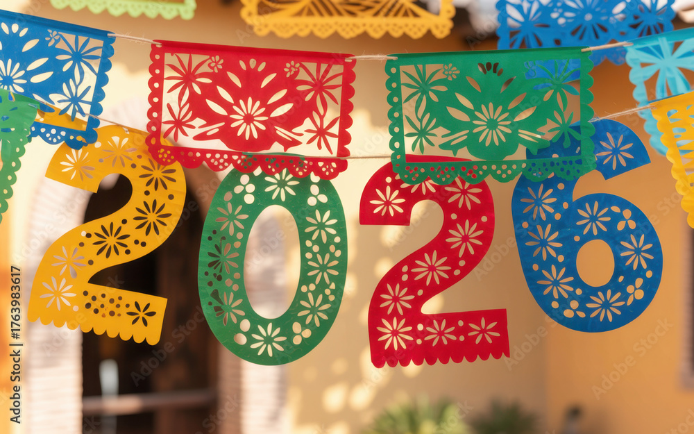Colorful papel picado banner with 2026 numbers traditional Mexican ...