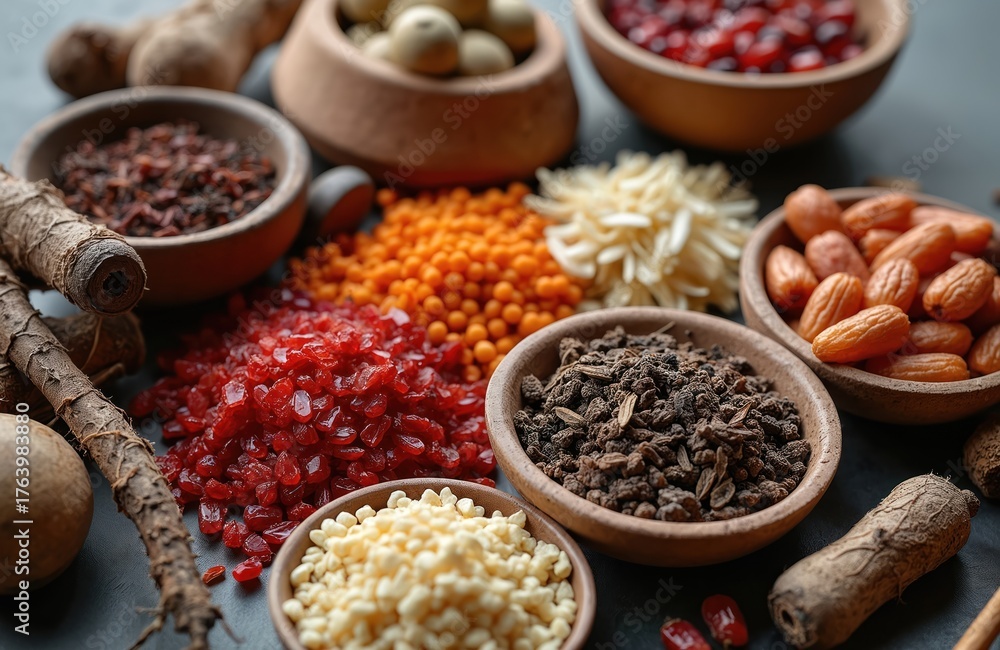 Selection of ancient Chinese medicine herbs, ingredients arranged on ...