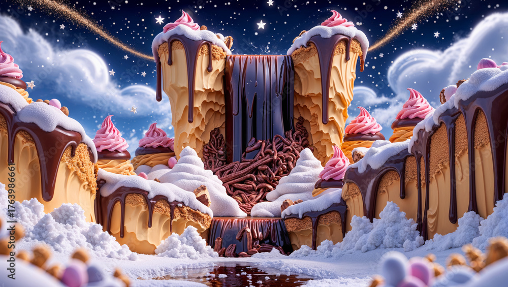 AI-generated image of a 3D Animation style of towering chocolate syrup ...