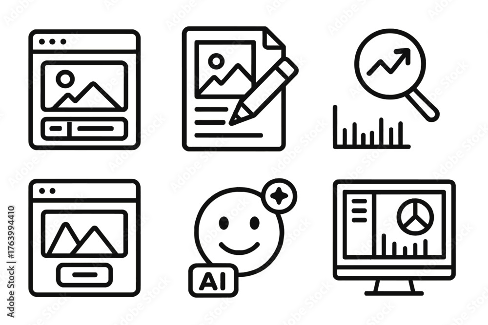 AI-Generated Story Updates outline icon set: smart caption tool, auto ...