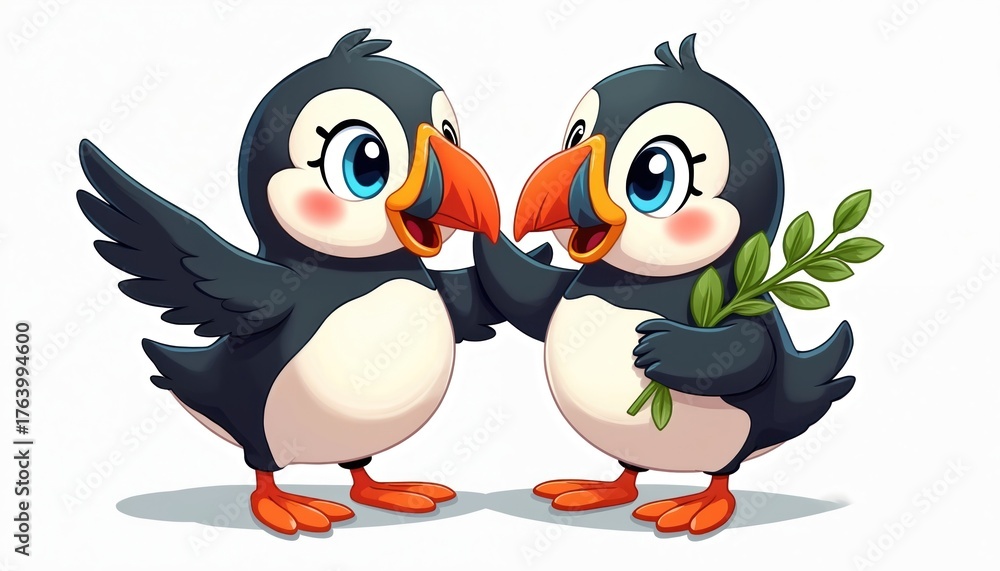 Cute cartoon puffins, one offers leafy branch to. Bright orange beaks ...