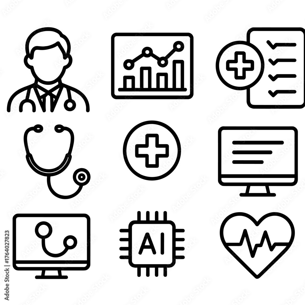 Clinical Decision Support outline icon set: doctor avatar, data chart ...