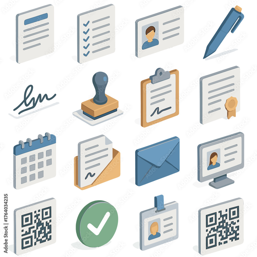 Registration set icons in modern isometric flat vector style: form ...