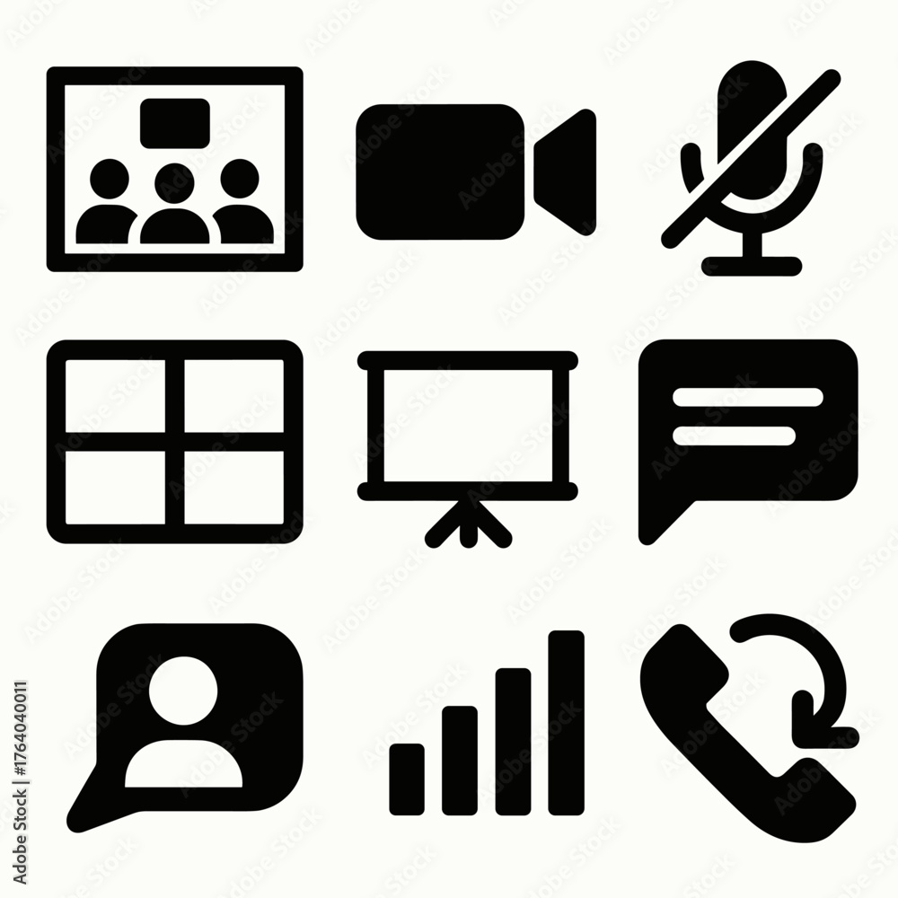 Video Conferencing silhouette set: virtual meeting room, camera feed ...