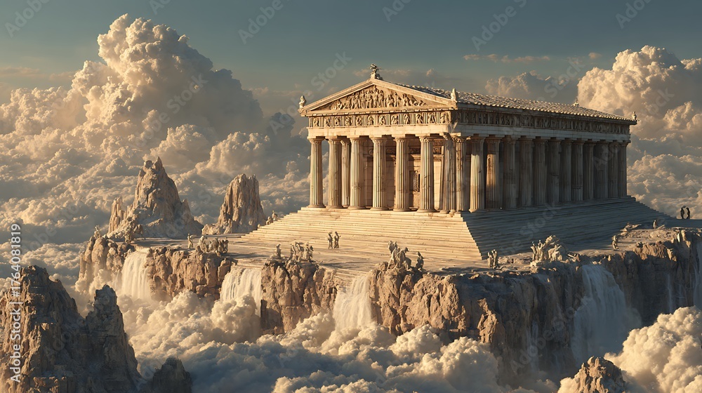 Mythical ancient Greek temple structure on a rocky cliff edge with ...
