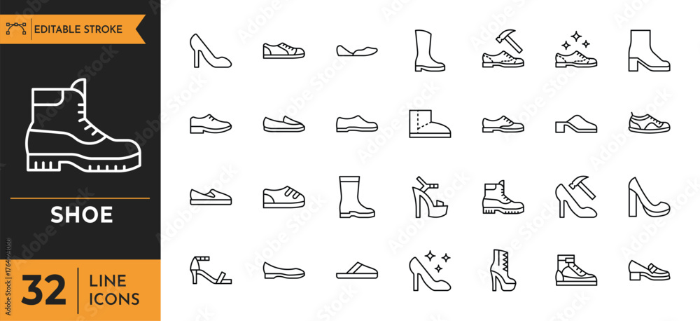 A modern set of shoe icons in minimalist line style with editable ...