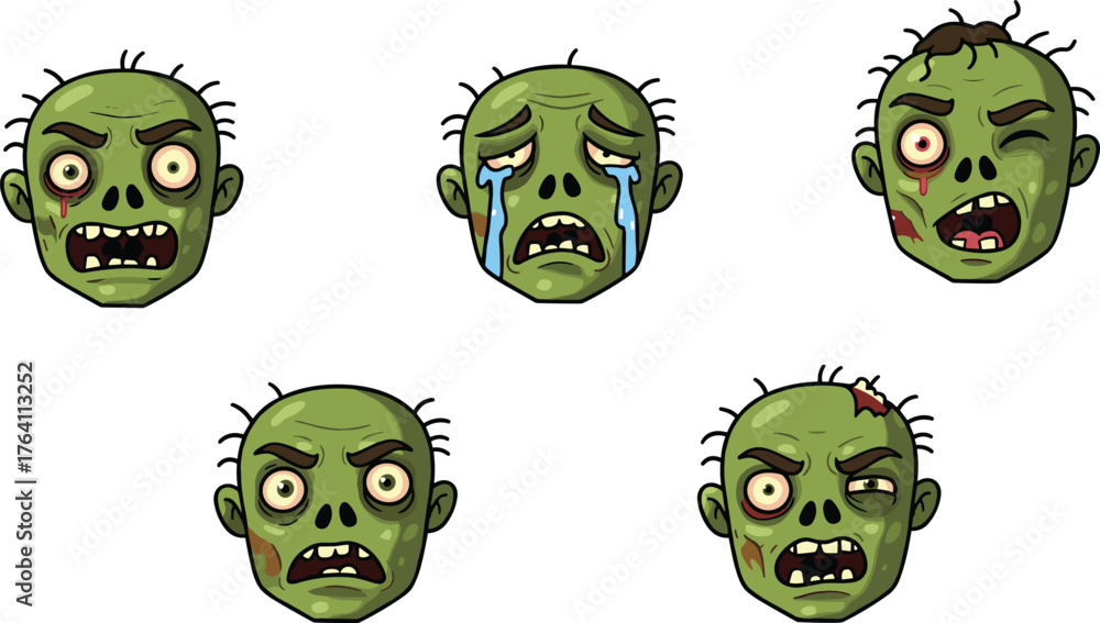 Cartoon zombie faces set, funny undead expressions, spooky Halloween ...