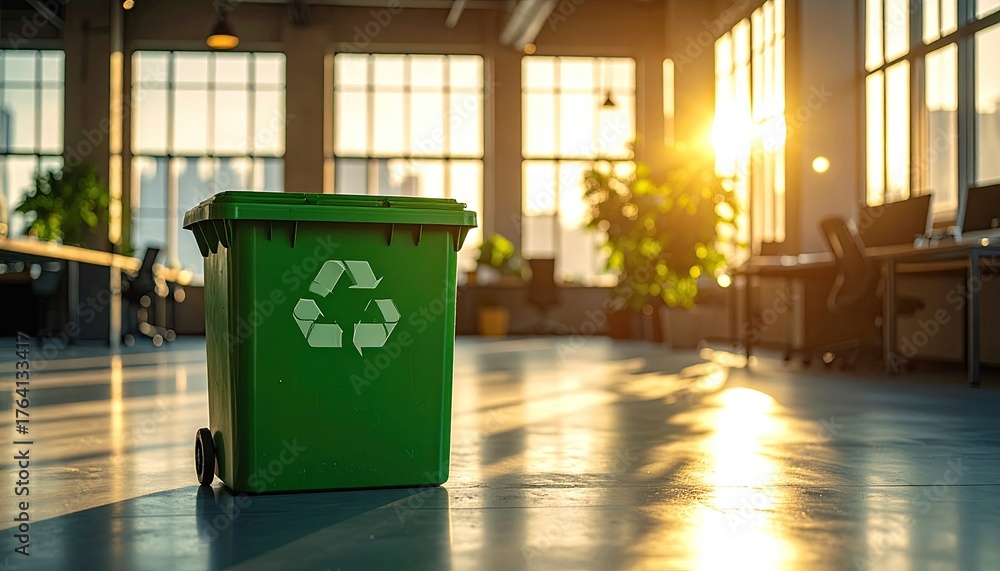 Green Recycling Bin With Recycling Symbol In Bright Office With ...