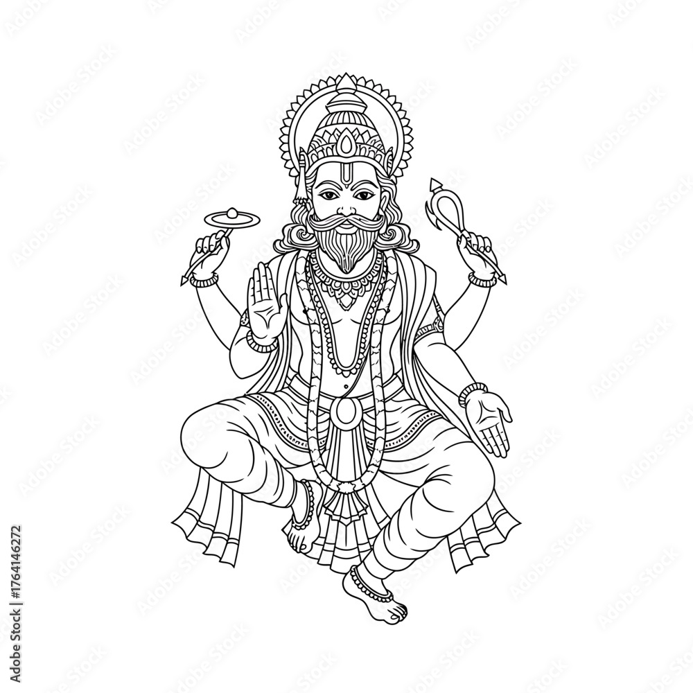 Line art illustration of Kubera, the Hindu god of wealth, seated in a ...