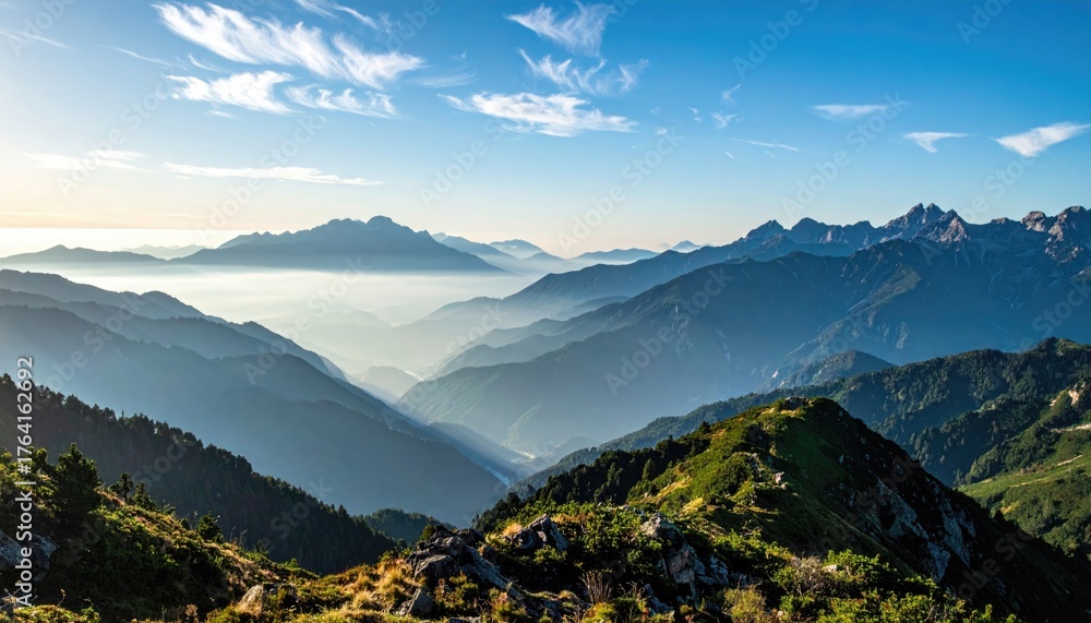 Mountain Range Landscape With Layers of Haze and Sunlit Peaks Under a ...