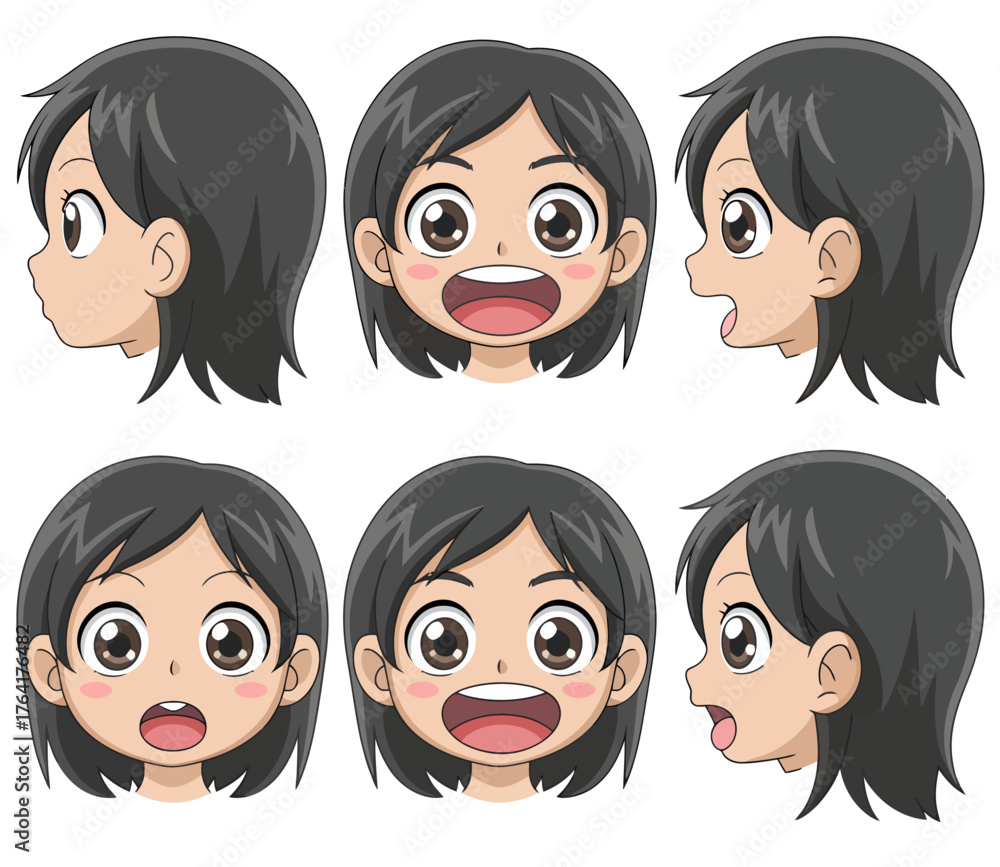 Anime girl character head turnaround sheet showing different angles and ...