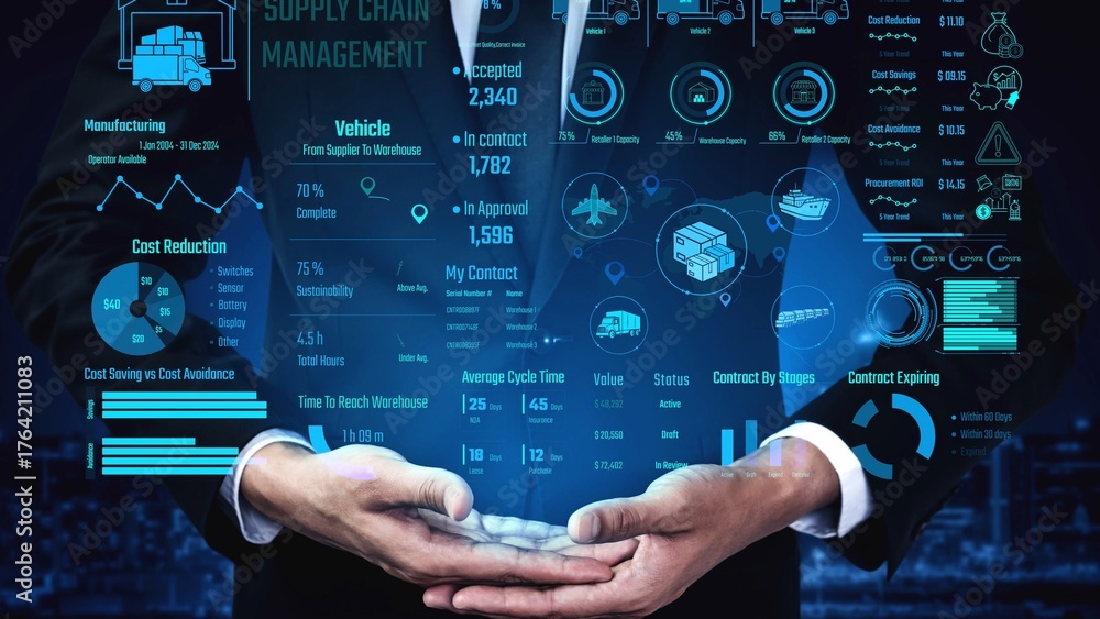 Supply chain management interface showing delivery routes, warehouse ...