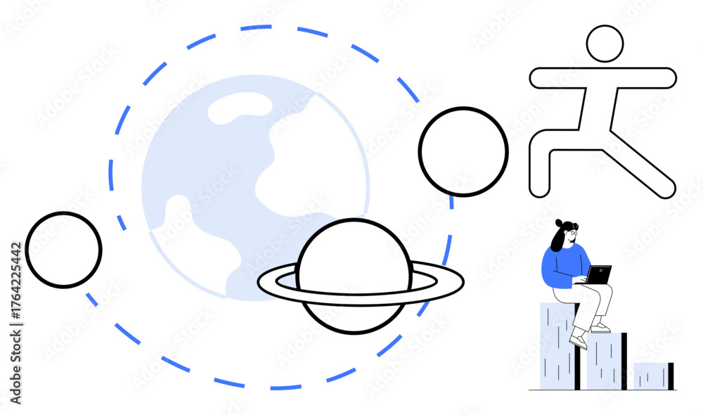 Earth, orbiting planets, Saturn-thumbs up ring, human figure, laptop ...