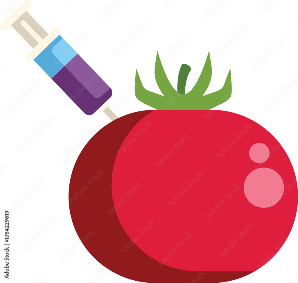 Syringe injecting chemicals into a red tomato depicting gmo food ...